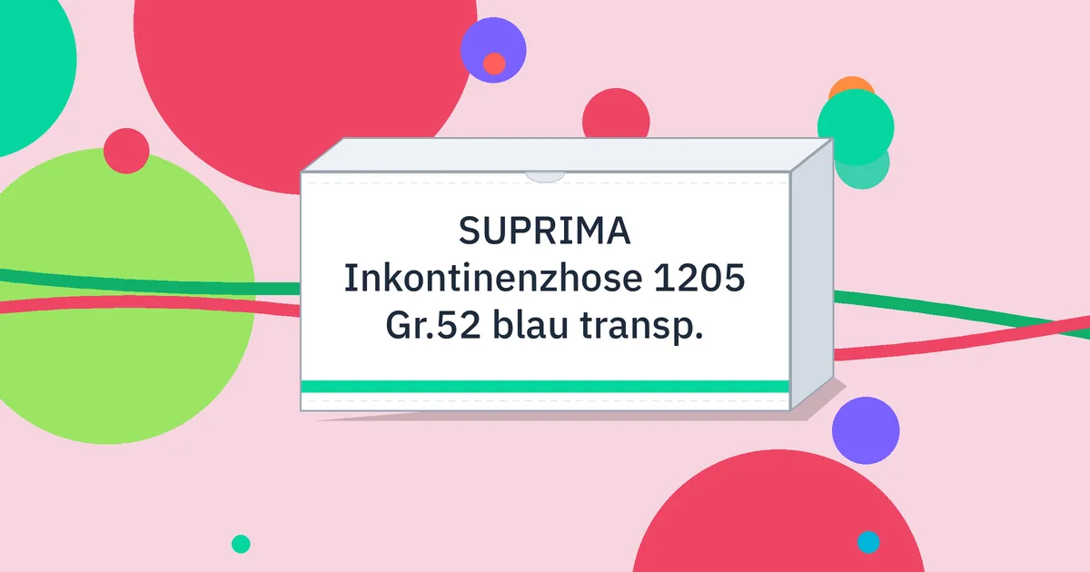 Symbolbild: Packung mit der Aufschrift SUPRIMA Inkontinenzhose 1205 Gr.52 blau transp. (PZN 01365695) – Verfügbarkeit und Bezug in Apotheken in Frankfurt am Main