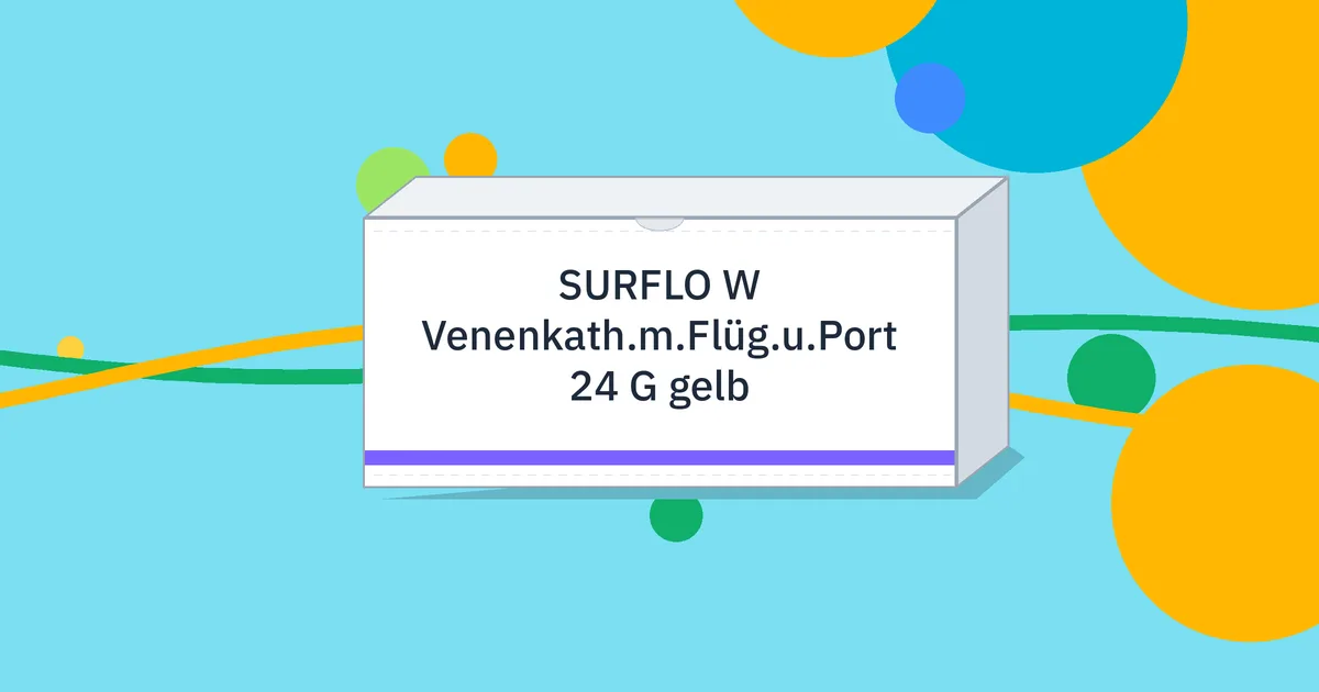 Symbolbild: Packung mit der Aufschrift SURFLO W Venenkath.m.Flüg.u.Port 24 G gelb (PZN 06627183) – Verfügbarkeit und Bezug in Apotheken in Frankfurt am Main