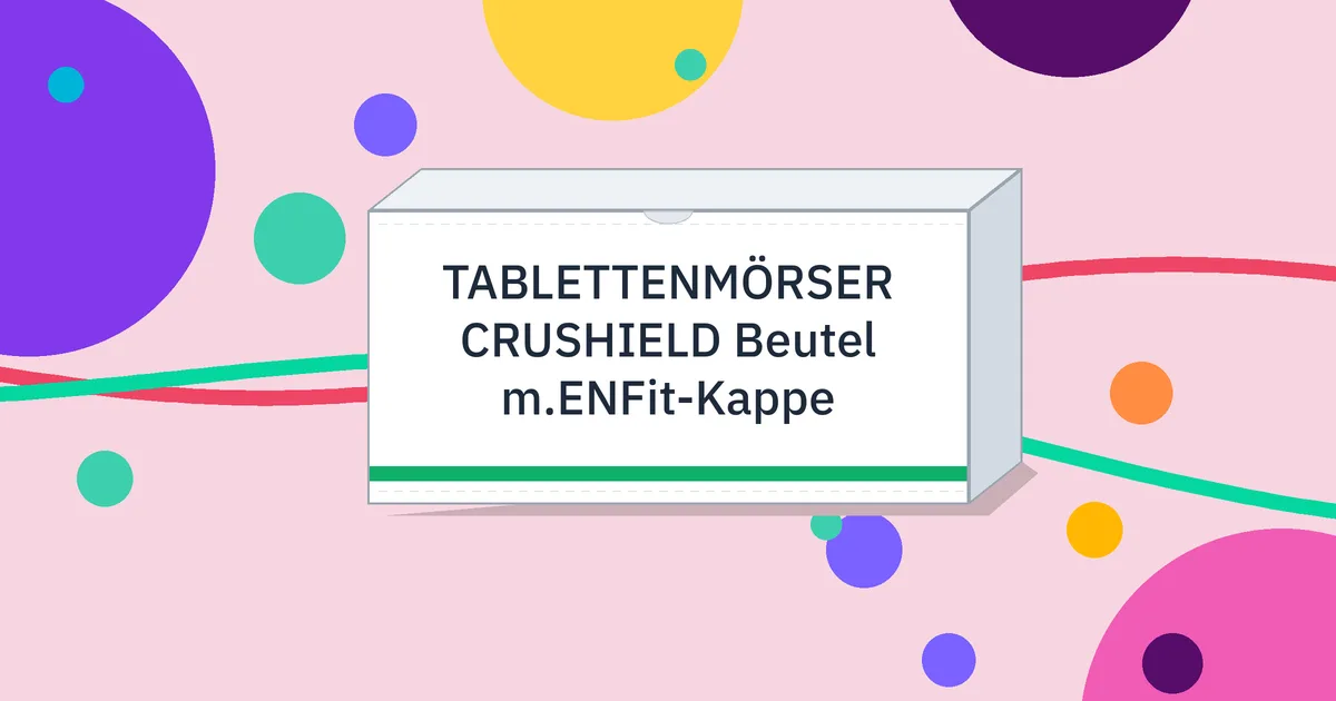 Symbolbild: Packung mit der Aufschrift TABLETTENMÖRSER CRUSHIELD Beutel m.ENFit-Kappe (PZN 19971746) – Verfügbarkeit und Bezug in Apotheken in Frankfurt am Main