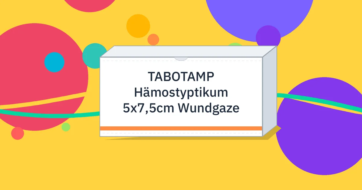 Symbolbild: Packung mit der Aufschrift TABOTAMP Hämostyptikum 5x7,5cm Wundgaze (PZN 03895428) – Verfügbarkeit und Bezug in Apotheken in Frankfurt am Main