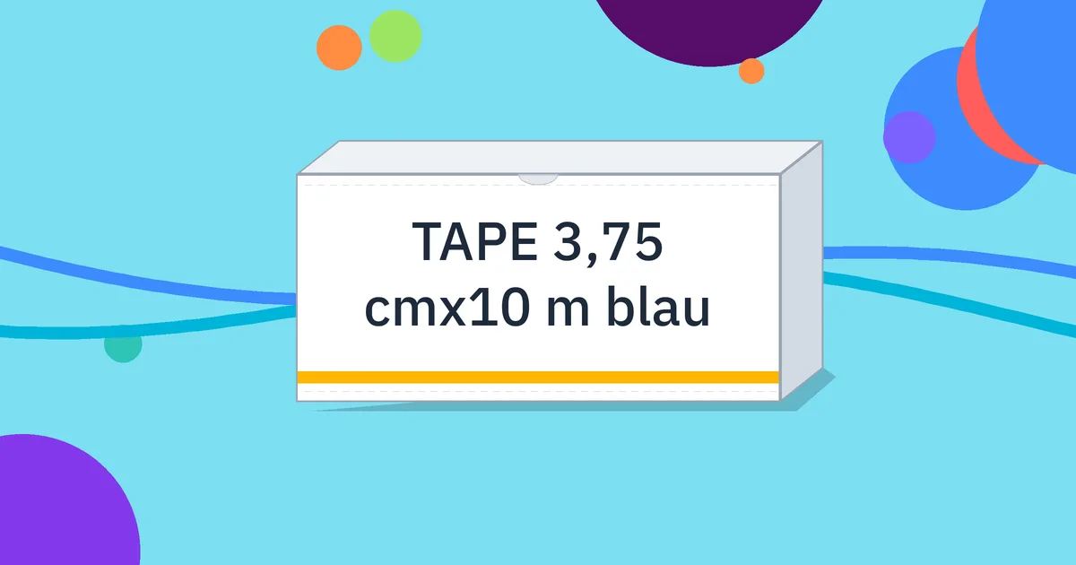 Symbolbild: Packung mit der Aufschrift TAPE 3,75 cmx10 m blau (PZN 10809607) – Verfügbarkeit und Bezug in Apotheken in Frankfurt am Main