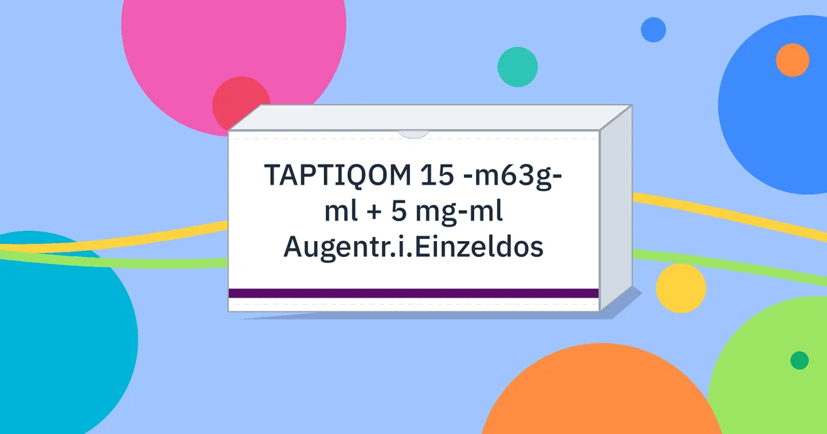 Symbolbild: Packung mit der Aufschrift TAPTIQOM 15 -m63g-ml + 5 mg-ml Augentr.i.Einzeldos (PZN 18804265) – Verfügbarkeit und Bezug in Apotheken in Frankfurt am Main