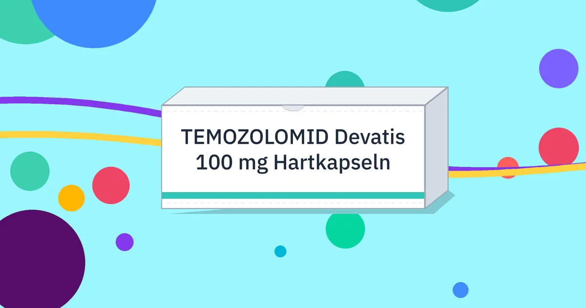 Symbolbild: Packung mit der Aufschrift TEMOZOLOMID Devatis 100 mg Hartkapseln (PZN 17983432) – Verfügbarkeit und Bezug in Apotheken in Frankfurt am Main