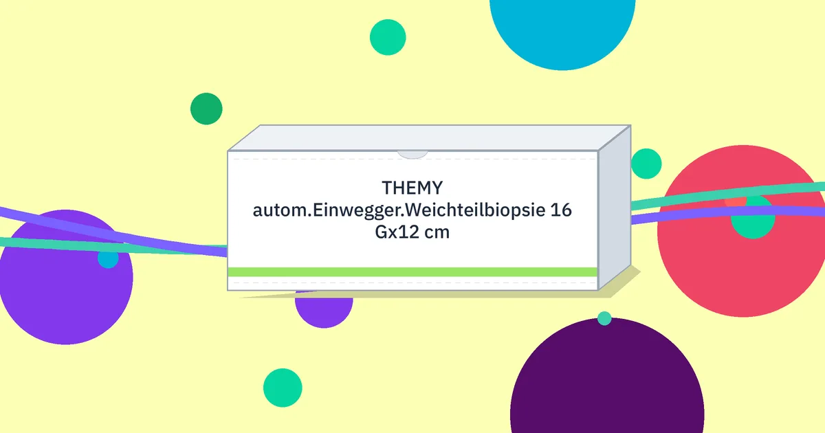 Symbolbild: Packung mit der Aufschrift THEMY autom.Einwegger.Weichteilbiopsie 16 Gx12 cm (PZN 19737341) – Verfügbarkeit und Bezug in Apotheken in Frankfurt am Main