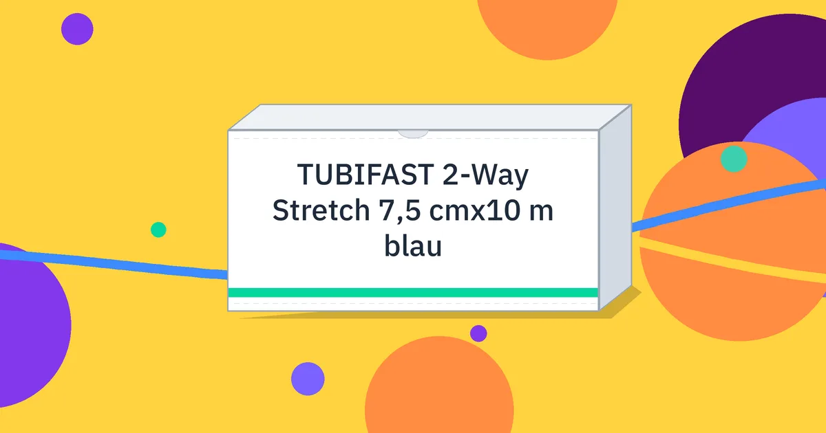 Symbolbild: Packung mit der Aufschrift TUBIFAST 2-Way Stretch 7,5 cmx10 m blau (PZN 18318412) – Verfügbarkeit und Bezug in Apotheken in Frankfurt am Main