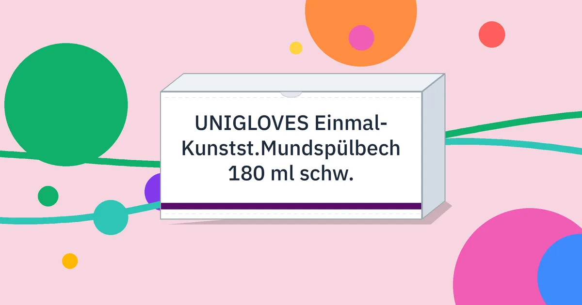 Symbolbild: Packung mit der Aufschrift UNIGLOVES Einmal-Kunstst.Mundspülbech 180 ml schw. (PZN 12387961) – Verfügbarkeit und Bezug in Apotheken in Frankfurt am Main