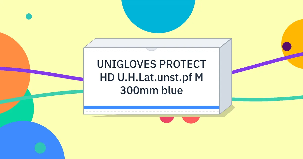 Symbolbild: Packung mit der Aufschrift UNIGLOVES PROTECT HD U.H.Lat.unst.pf M 300mm blue (PZN 20366884) – Verfügbarkeit und Bezug in Apotheken in Frankfurt am Main
