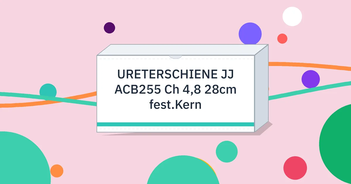 Symbolbild: Packung mit der Aufschrift URETERSCHIENE JJ ACB255 Ch 4,8 28cm fest.Kern (PZN 01358040) – Verfügbarkeit und Bezug in Apotheken in Frankfurt am Main