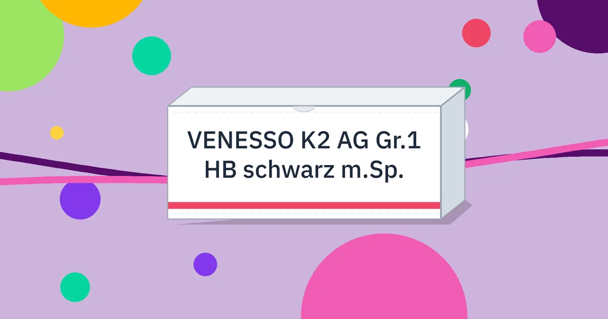 Symbolbild: Packung mit der Aufschrift VENESSO K2 AG Gr.1 HB schwarz m.Sp. (PZN 03264314) – Verfügbarkeit und Bezug in Apotheken in Frankfurt am Main