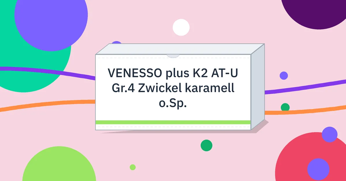 Symbolbild: Packung mit der Aufschrift VENESSO plus K2 AT-U Gr.4 Zwickel karamell o.Sp. (PZN 13759927) – Verfügbarkeit und Bezug in Apotheken in Frankfurt am Main