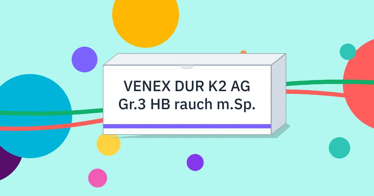 Symbolbild: Packung mit der Aufschrift VENEX DUR K2 AG Gr.3 HB rauch m.Sp. (PZN 03218248) – Verfügbarkeit und Bezug in Apotheken in Frankfurt am Main