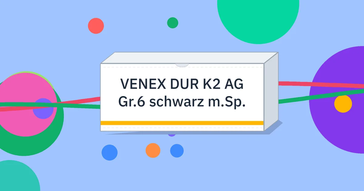 Symbolbild: Packung mit der Aufschrift VENEX DUR K2 AG Gr.6 schwarz m.Sp. (PZN 03214144) – Verfügbarkeit und Bezug in Apotheken in Frankfurt am Main