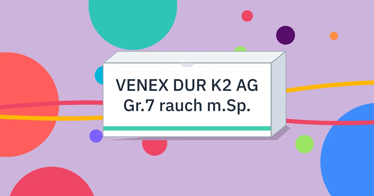 Symbolbild: Packung mit der Aufschrift VENEX DUR K2 AG Gr.7 rauch m.Sp. (PZN 03213311) – Verfügbarkeit und Bezug in Apotheken in Frankfurt am Main