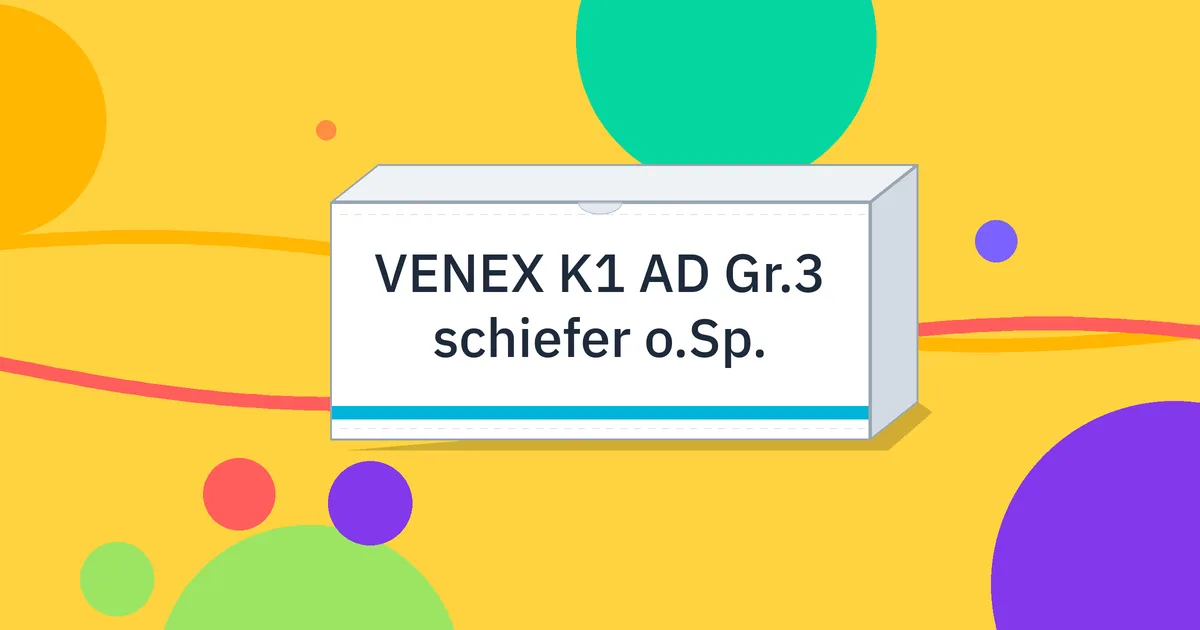 Symbolbild: Packung mit der Aufschrift VENEX K1 AD Gr.3 schiefer o.Sp. (PZN 03185945) – Verfügbarkeit und Bezug in Apotheken in Frankfurt am Main