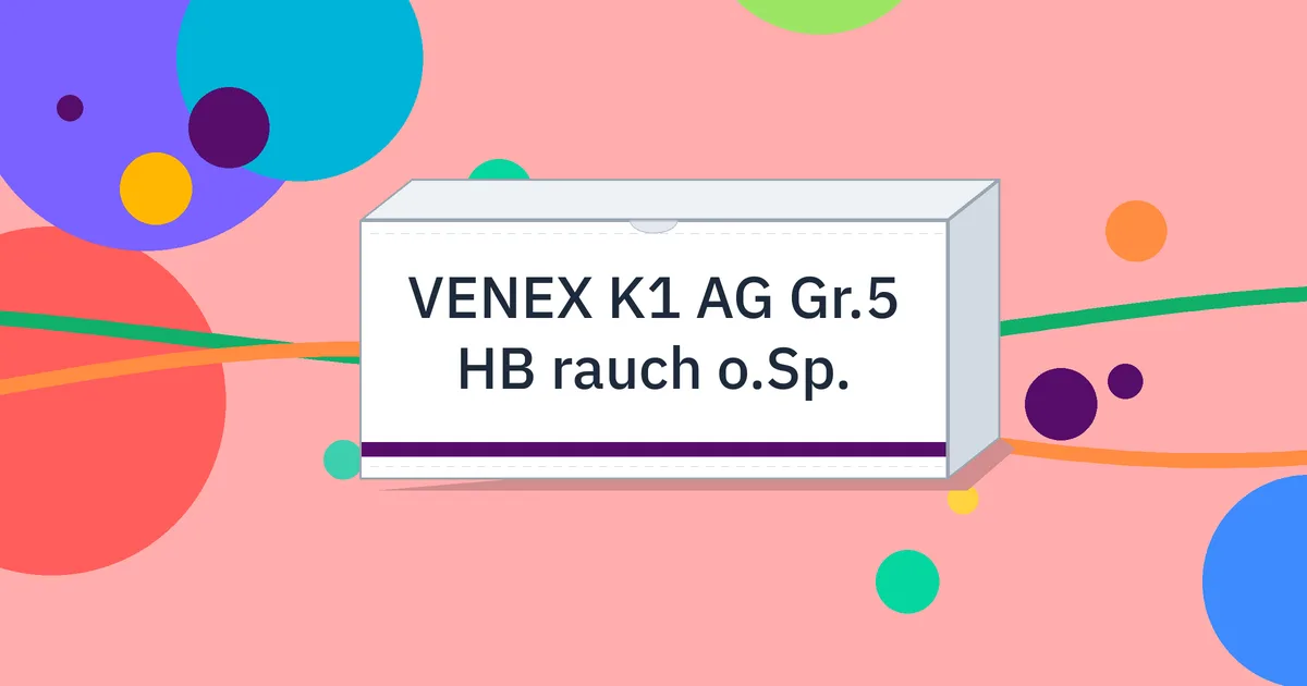 Symbolbild: Packung mit der Aufschrift VENEX K1 AG Gr.5 HB rauch o.Sp. (PZN 03192796) – Verfügbarkeit und Bezug in Apotheken in Frankfurt am Main