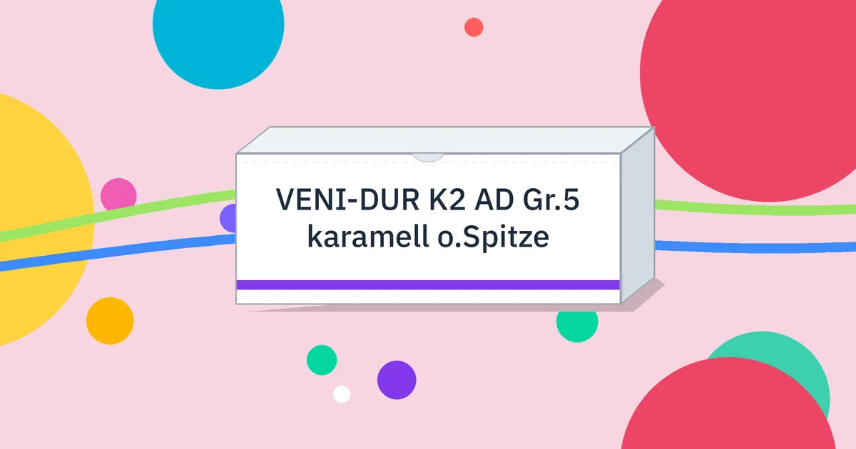 Symbolbild: Packung mit der Aufschrift VENI-DUR K2 AD Gr.5 karamell o.Spitze (PZN 13756320) – Verfügbarkeit und Bezug in Apotheken in Frankfurt am Main