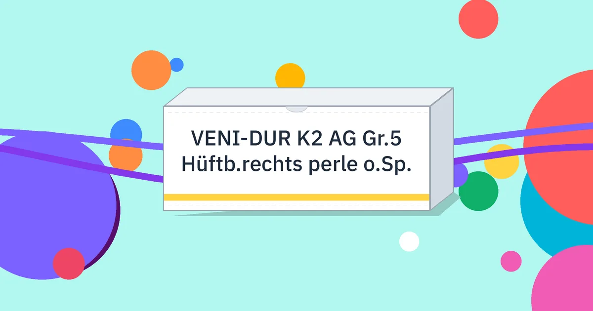 Symbolbild: Packung mit der Aufschrift VENI-DUR K2 AG Gr.5 Hüftb.rechts perle o.Sp. (PZN 03252914) – Verfügbarkeit und Bezug in Apotheken in Frankfurt am Main