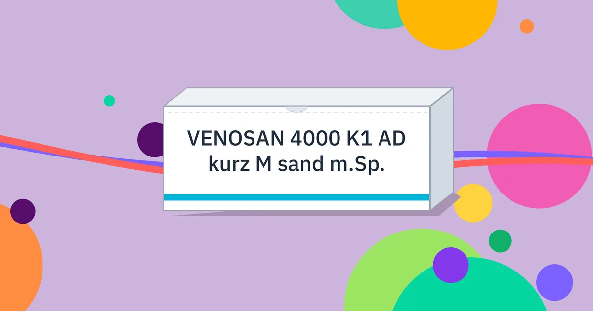 Symbolbild: Packung mit der Aufschrift VENOSAN 4000 K1 AD kurz M sand m.Sp. (PZN 14421863) – Verfügbarkeit und Bezug in Apotheken in Frankfurt am Main