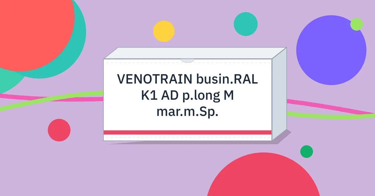 Symbolbild: Packung mit der Aufschrift VENOTRAIN busin.RAL K1 AD p.long M mar.m.Sp. (PZN 06948384) – Verfügbarkeit und Bezug in Apotheken in Frankfurt am Main