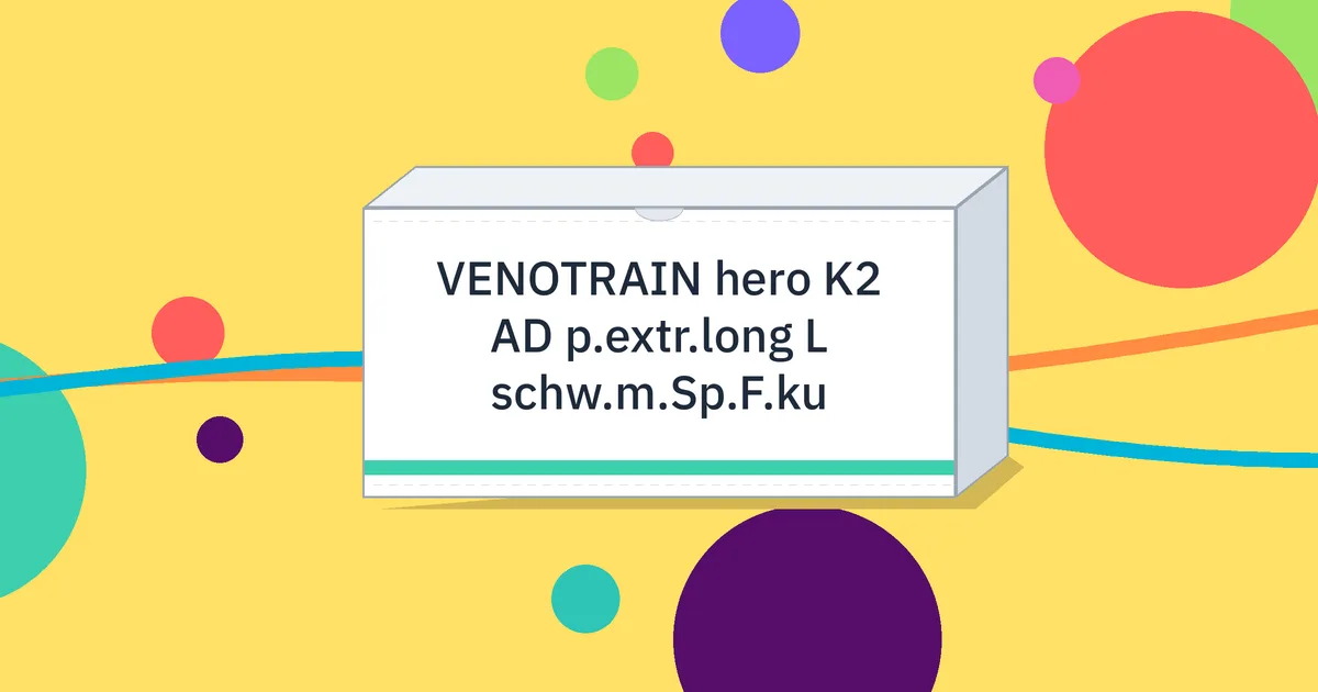 Symbolbild: Packung mit der Aufschrift VENOTRAIN hero K2 AD p.extr.long L schw.m.Sp.F.ku (PZN 19189810) – Verfügbarkeit und Bezug in Apotheken in Frankfurt am Main