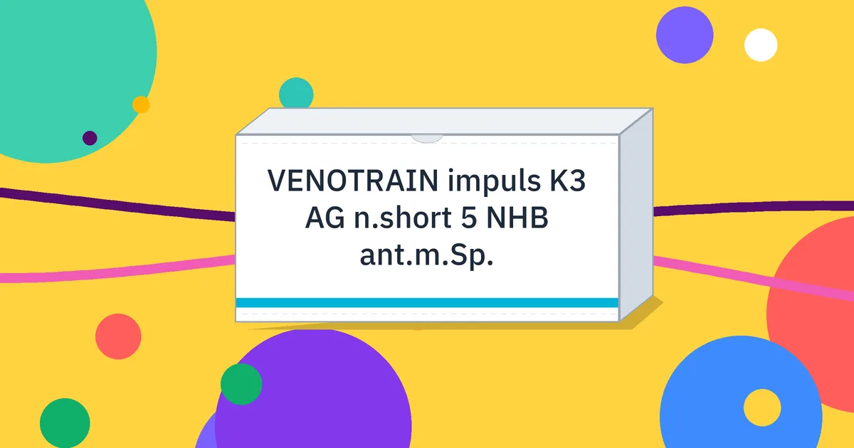 Symbolbild: Packung mit der Aufschrift VENOTRAIN impuls K3 AG n.short 5 NHB ant.m.Sp. (PZN 15215835) – Verfügbarkeit und Bezug in Apotheken in Frankfurt am Main