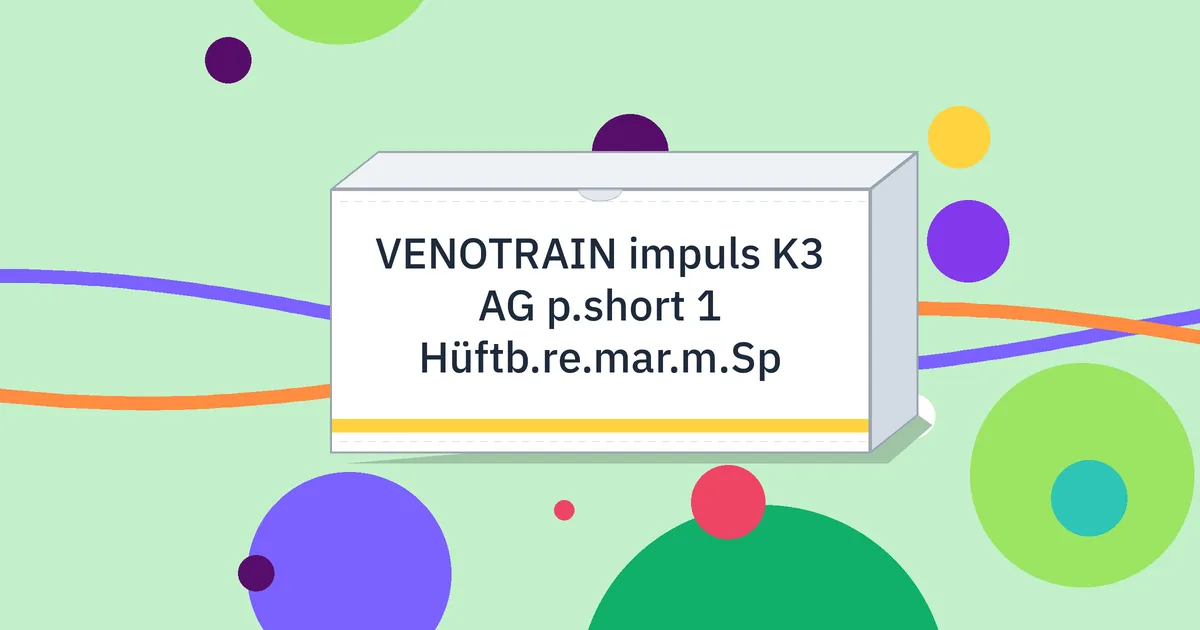 Symbolbild: Packung mit der Aufschrift VENOTRAIN impuls K3 AG p.short 1 Hüftb.re.mar.m.Sp (PZN 15217662) – Verfügbarkeit und Bezug in Apotheken in Frankfurt am Main