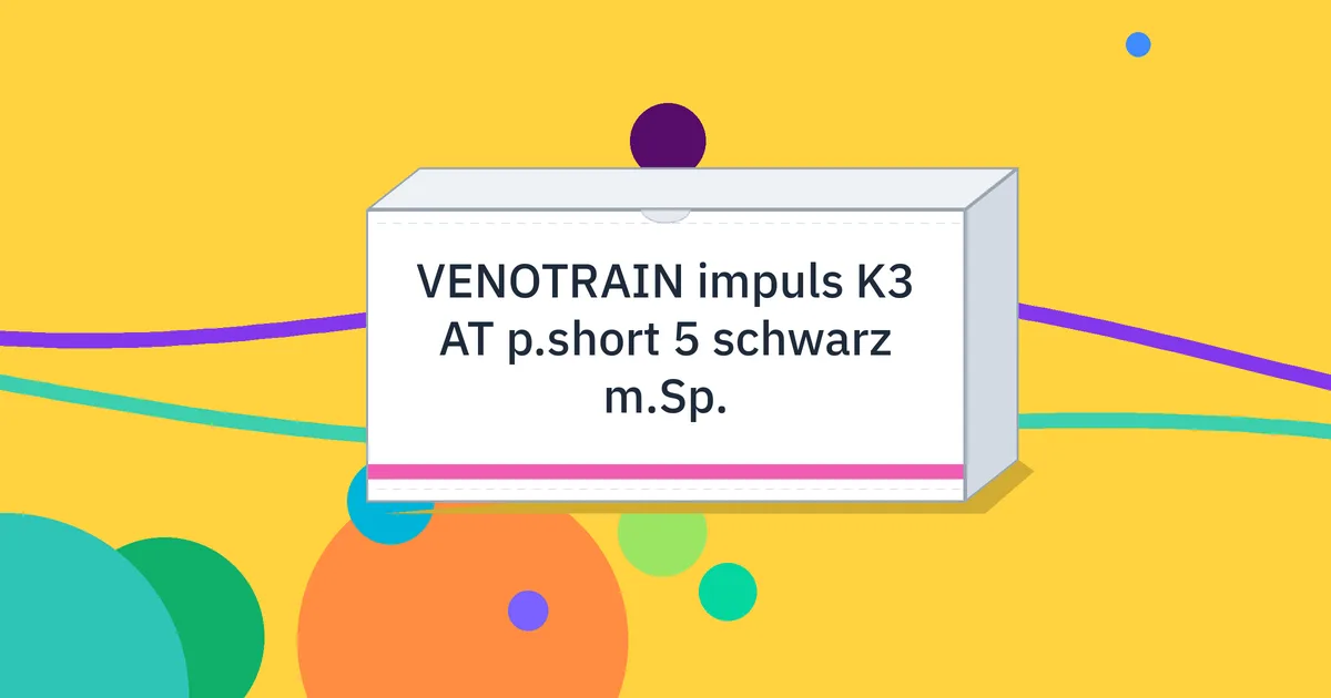 Symbolbild: Packung mit der Aufschrift VENOTRAIN impuls K3 AT p.short 5 schwarz m.Sp. (PZN 19356277) – Verfügbarkeit und Bezug in Apotheken in Frankfurt am Main