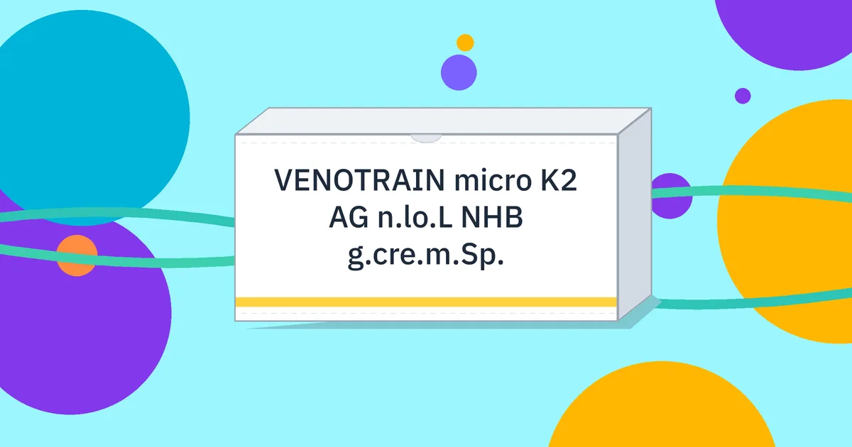 Symbolbild: Packung mit der Aufschrift VENOTRAIN micro K2 AG n.lo.L NHB g.cre.m.Sp. (PZN 05999037) – Verfügbarkeit und Bezug in Apotheken in Frankfurt am Main