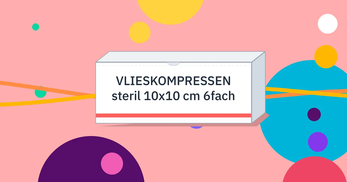 Symbolbild: Packung mit der Aufschrift VLIESKOMPRESSEN steril 10x10 cm 6fach (PZN 01280148) – Verfügbarkeit und Bezug in Apotheken in Frankfurt am Main