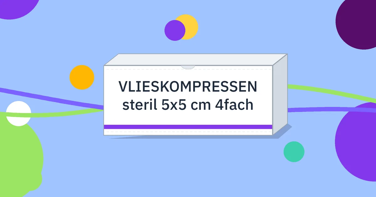 Symbolbild: Packung mit der Aufschrift VLIESKOMPRESSEN steril 5x5 cm 4fach (PZN 12350716) – Verfügbarkeit und Bezug in Apotheken in Frankfurt am Main