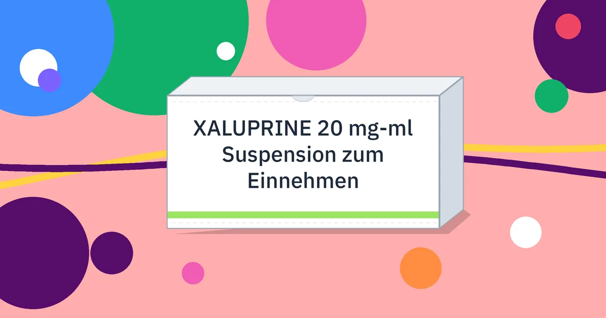 Symbolbild: Packung mit der Aufschrift XALUPRINE 20 mg-ml Suspension zum Einnehmen (PZN 17439734) – Verfügbarkeit und Bezug in Apotheken in Frankfurt am Main