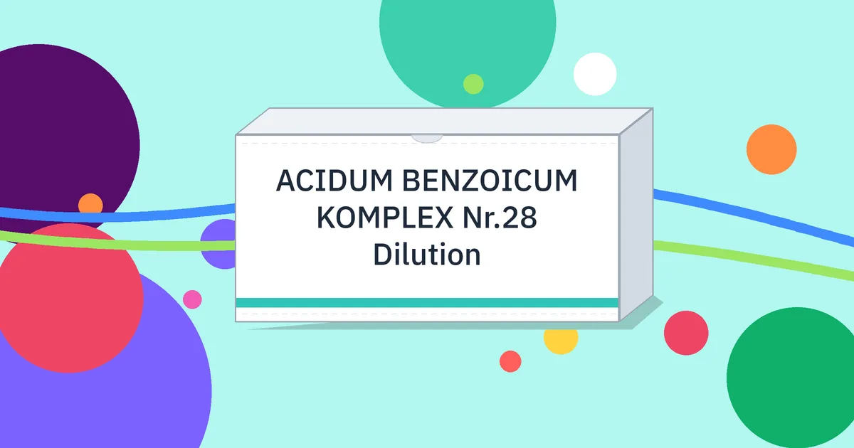 Symbolbild: Packung mit der Aufschrift ACIDUM BENZOICUM KOMPLEX Nr.28 Dilution (PZN 01909623) – Verfügbarkeit und Bezug in Apotheken in Frankfurt am Main