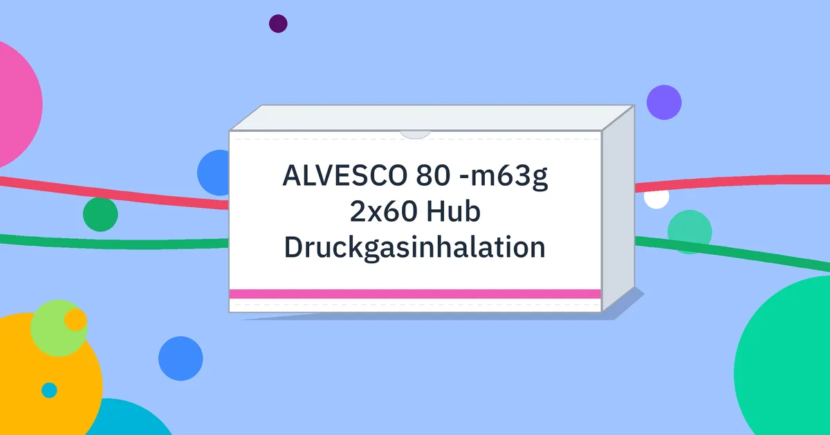 Symbolbild: Packung mit der Aufschrift ALVESCO 80 -m63g 2x60 Hub Druckgasinhalation (PZN 06934790) – Verfügbarkeit und Bezug in Apotheken in Frankfurt am Main