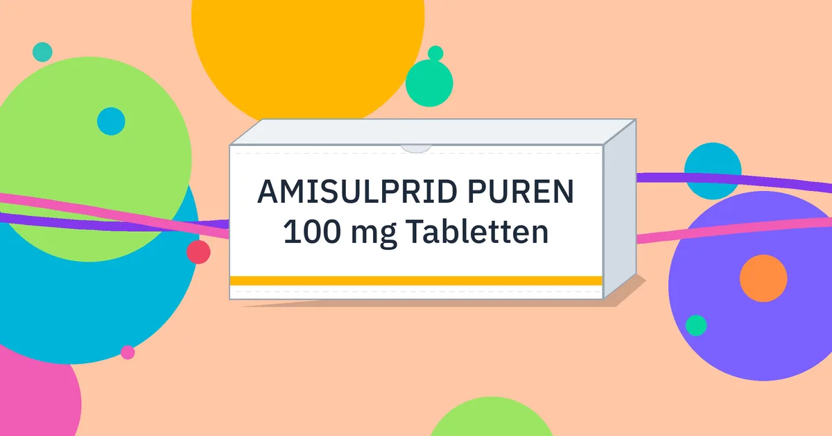 Symbolbild: Packung mit der Aufschrift AMISULPRID PUREN 100 mg Tabletten (PZN 13655441) – Verfügbarkeit und Bezug in Apotheken in Frankfurt am Main