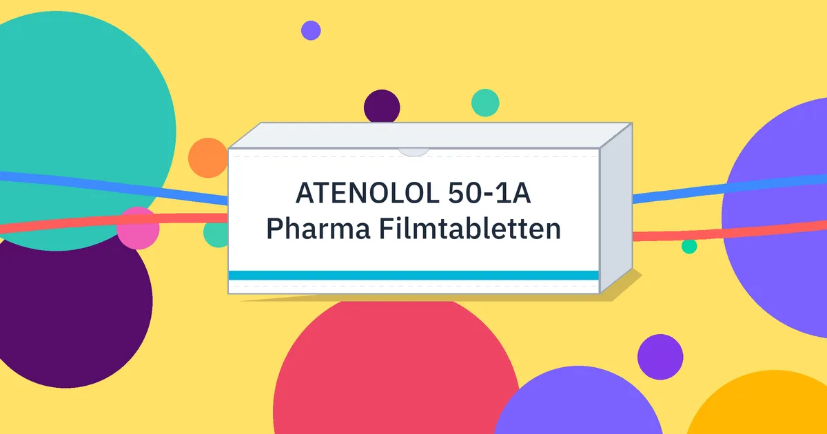 Symbolbild: Packung mit der Aufschrift ATENOLOL 50-1A Pharma Filmtabletten (PZN 08533457) – Verfügbarkeit und Bezug in Apotheken in Frankfurt am Main