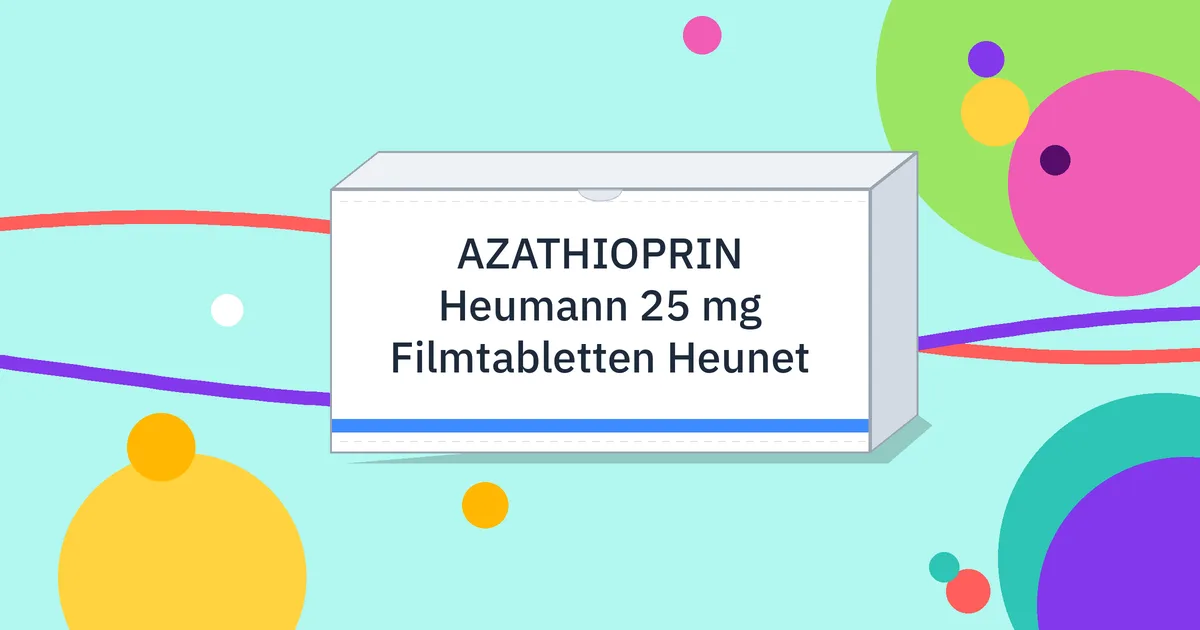Symbolbild: Packung mit der Aufschrift AZATHIOPRIN Heumann 25 mg Filmtabletten Heunet (PZN 15304125) – Verfügbarkeit und Bezug in Apotheken in Frankfurt am Main