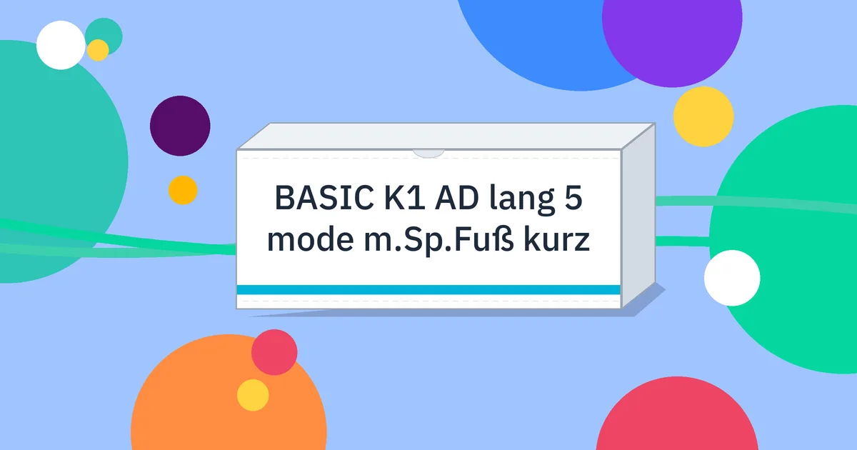 Symbolbild: Packung mit der Aufschrift BASIC K1 AD lang 5 mode m.Sp.Fuß kurz (PZN 20258901) – Verfügbarkeit und Bezug in Apotheken in Frankfurt am Main