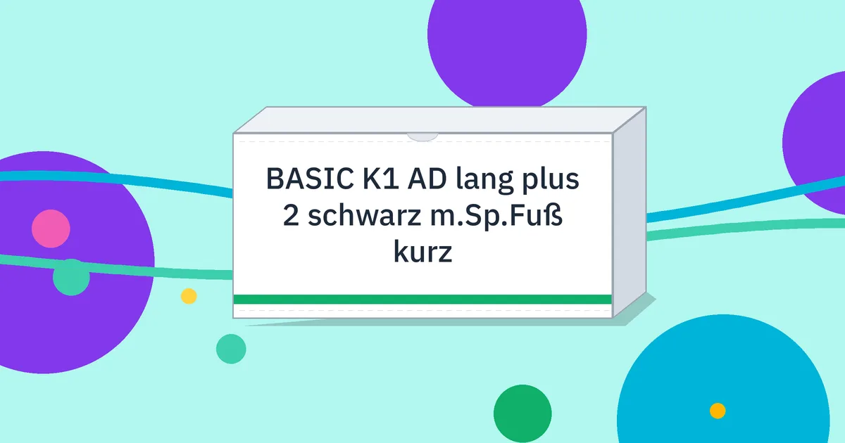 Symbolbild: Packung mit der Aufschrift BASIC K1 AD lang plus 2 schwarz m.Sp.Fuß kurz (PZN 20257356) – Verfügbarkeit und Bezug in Apotheken in Frankfurt am Main