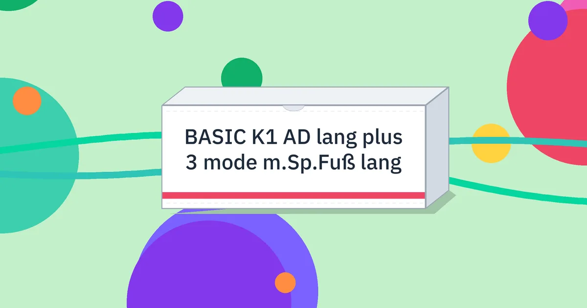 Symbolbild: Packung mit der Aufschrift BASIC K1 AD lang plus 3 mode m.Sp.Fuß lang (PZN 20258114) – Verfügbarkeit und Bezug in Apotheken in Frankfurt am Main