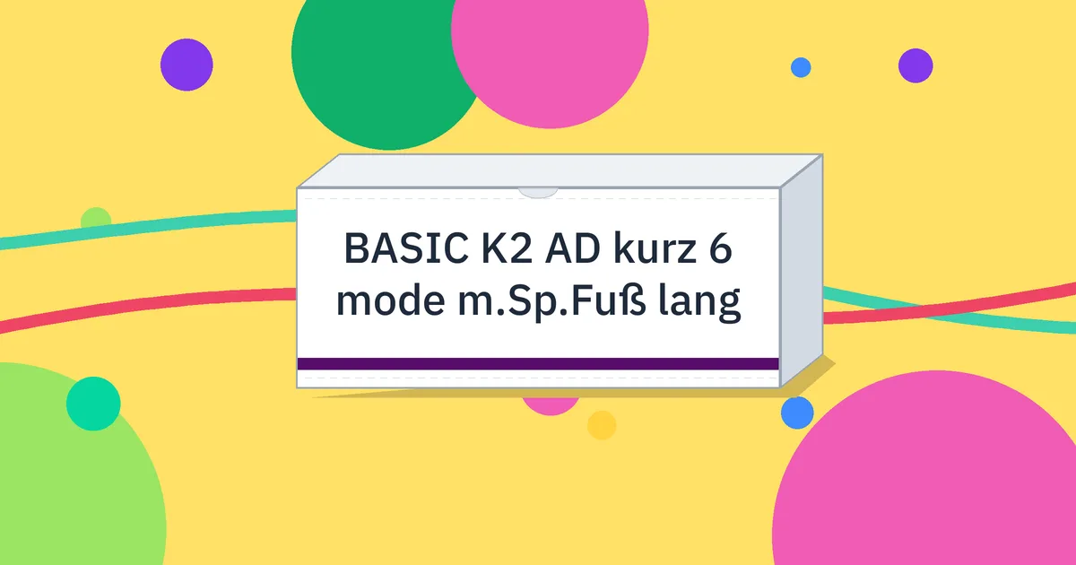 Symbolbild: Packung mit der Aufschrift BASIC K2 AD kurz 6 mode m.Sp.Fuß lang (PZN 20265924) – Verfügbarkeit und Bezug in Apotheken in Frankfurt am Main