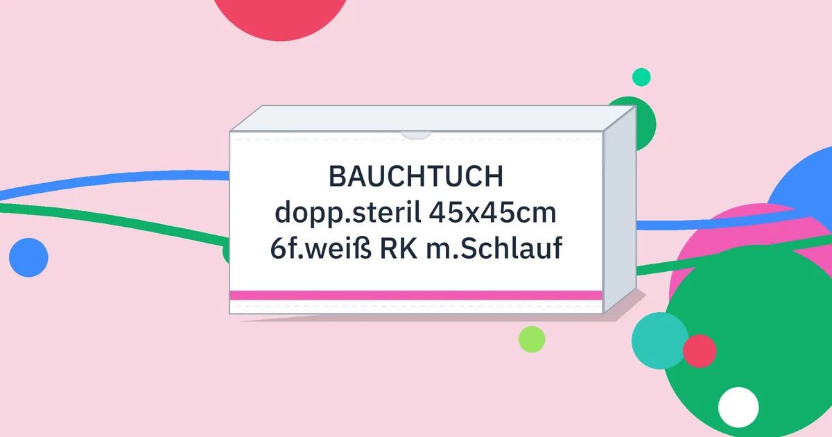 Symbolbild: Packung mit der Aufschrift BAUCHTUCH dopp.steril 45x45cm 6f.weiß RK m.Schlauf (PZN 13166222) – Verfügbarkeit und Bezug in Apotheken in Frankfurt am Main