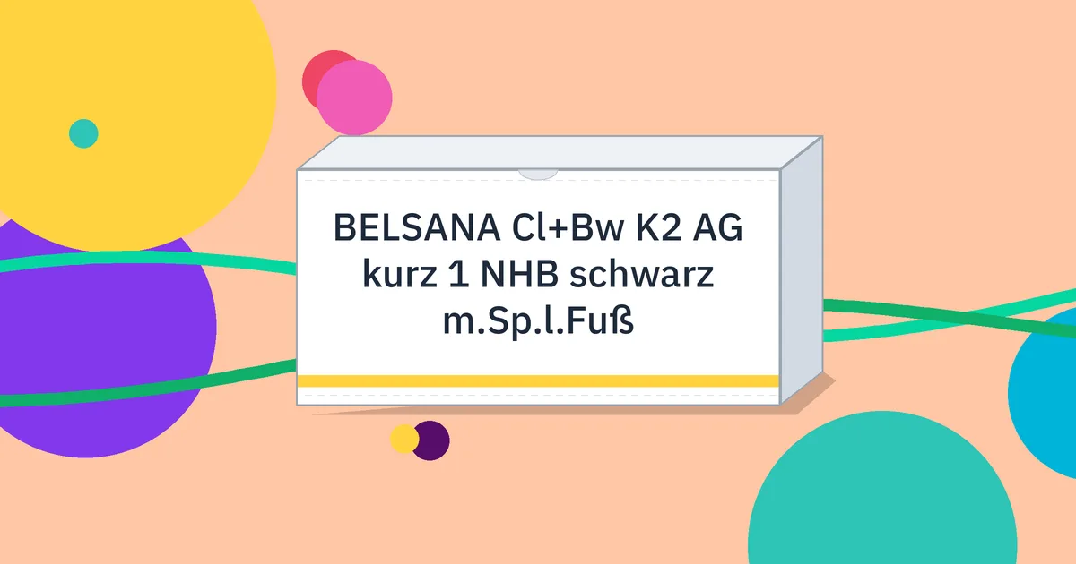 Symbolbild: Packung mit der Aufschrift BELSANA Cl+Bw K2 AG kurz 1 NHB schwarz m.Sp.l.Fuß (PZN 12242381) – Verfügbarkeit und Bezug in Apotheken in Frankfurt am Main