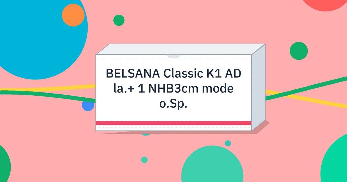 Symbolbild: Packung mit der Aufschrift BELSANA Classic K1 AD la.+ 1 NHB3cm mode o.Sp. (PZN 19254370) – Verfügbarkeit und Bezug in Apotheken in Frankfurt am Main