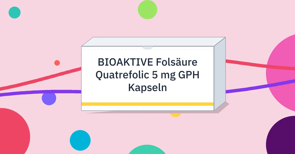 Symbolbild: Packung mit der Aufschrift BIOAKTIVE Folsäure Quatrefolic 5 mg GPH Kapseln (PZN 18310563) – Verfügbarkeit und Bezug in Apotheken in Frankfurt am Main