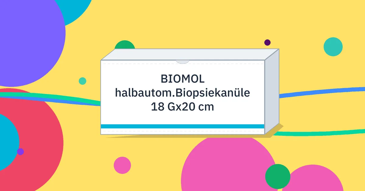 Symbolbild: Packung mit der Aufschrift BIOMOL halbautom.Biopsiekanüle 18 Gx20 cm (PZN 06123784) – Verfügbarkeit und Bezug in Apotheken in Frankfurt am Main