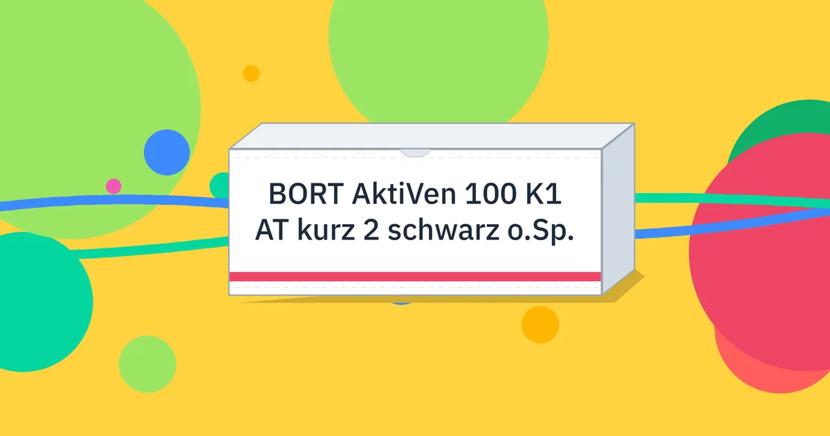 Symbolbild: Packung mit der Aufschrift BORT AktiVen 100 K1 AT kurz 2 schwarz o.Sp. (PZN 14388829) – Verfügbarkeit und Bezug in Apotheken in Frankfurt am Main