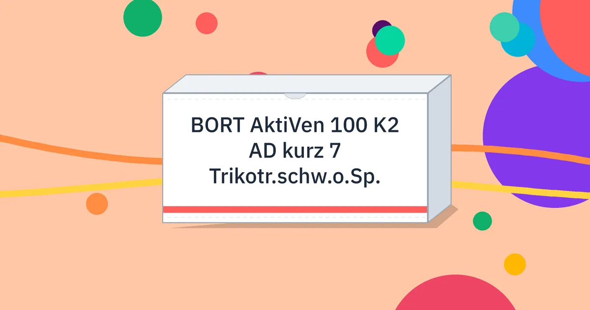 Symbolbild: Packung mit der Aufschrift BORT AktiVen 100 K2 AD kurz 7 Trikotr.schw.o.Sp. (PZN 14386670) – Verfügbarkeit und Bezug in Apotheken in Frankfurt am Main