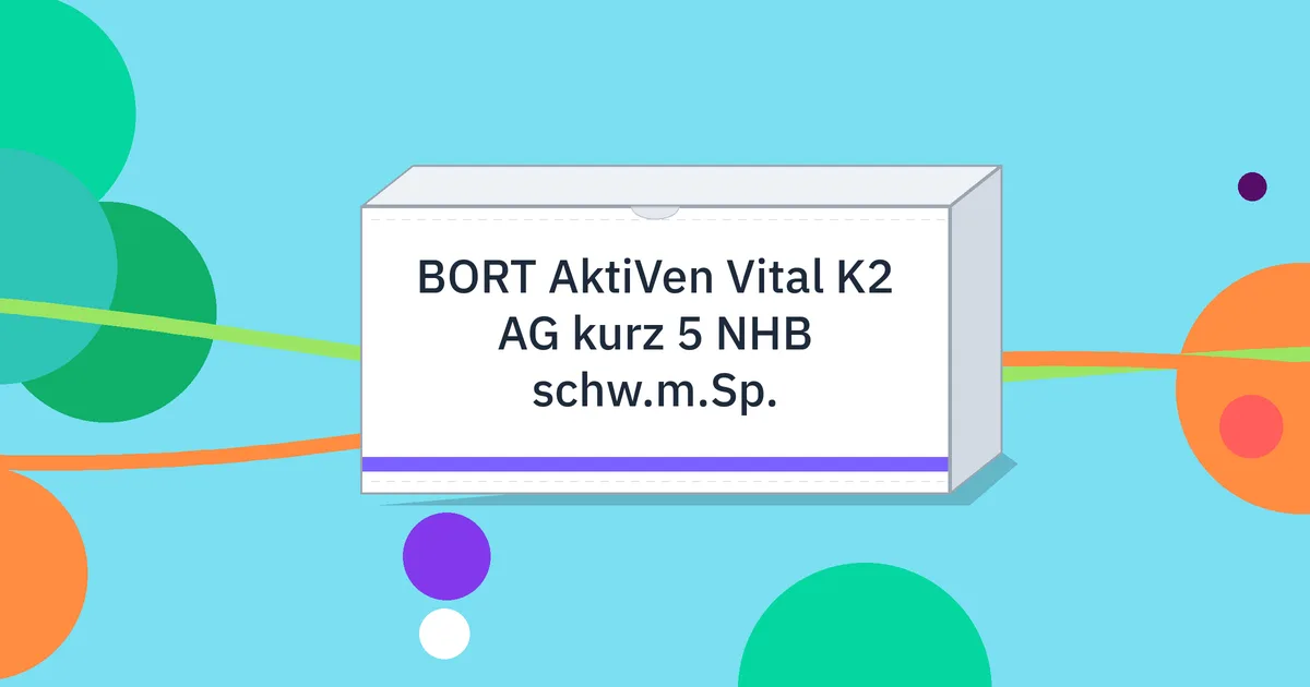 Symbolbild: Packung mit der Aufschrift BORT AktiVen Vital K2 AG kurz 5 NHB schw.m.Sp. (PZN 12385100) – Verfügbarkeit und Bezug in Apotheken in Frankfurt am Main