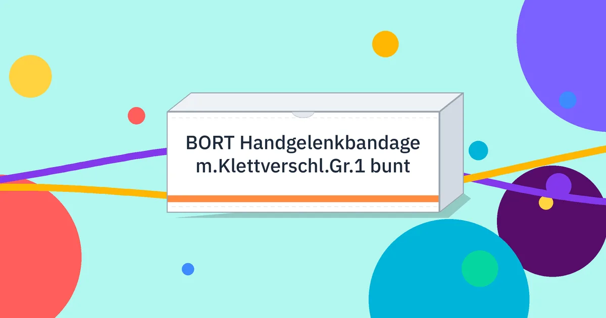 Symbolbild: Packung mit der Aufschrift BORT Handgelenkbandage m.Klettverschl.Gr.1 bunt (PZN 04436846) – Verfügbarkeit und Bezug in Apotheken in Frankfurt am Main