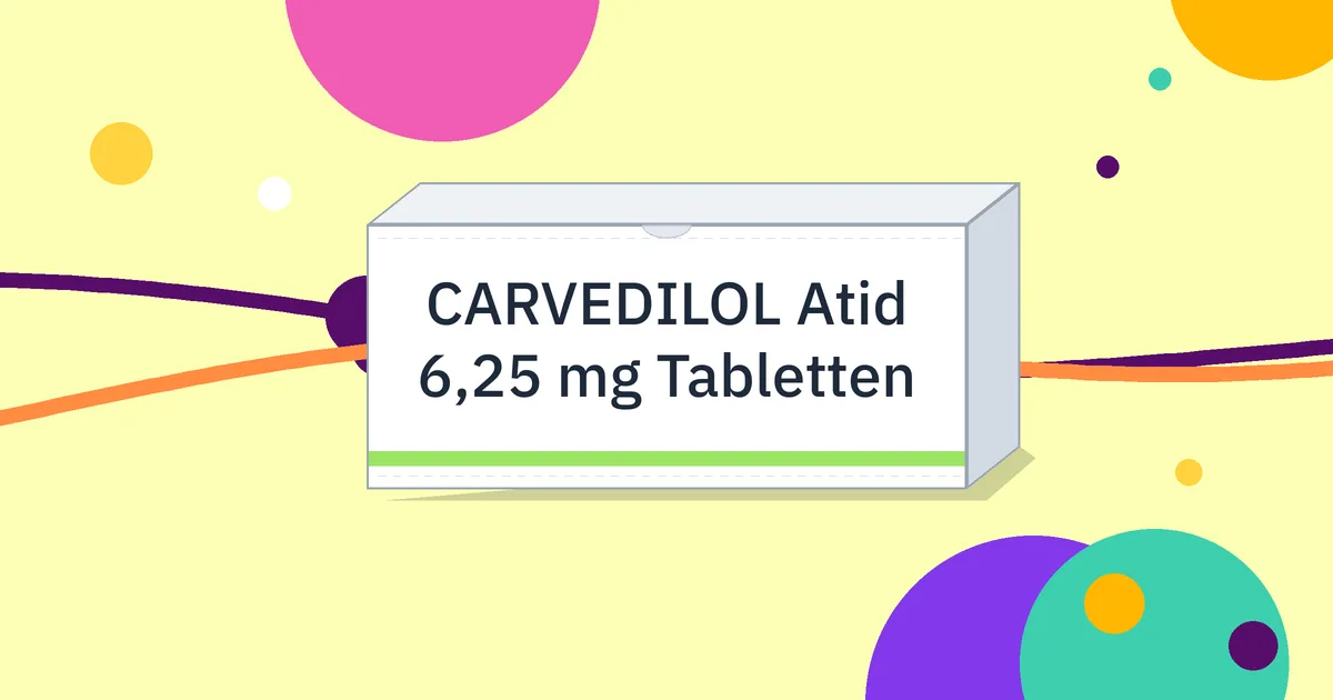 Symbolbild: Packung mit der Aufschrift CARVEDILOL Atid 6,25 mg Tabletten (PZN 00619283) – Verfügbarkeit und Bezug in Apotheken in Frankfurt am Main